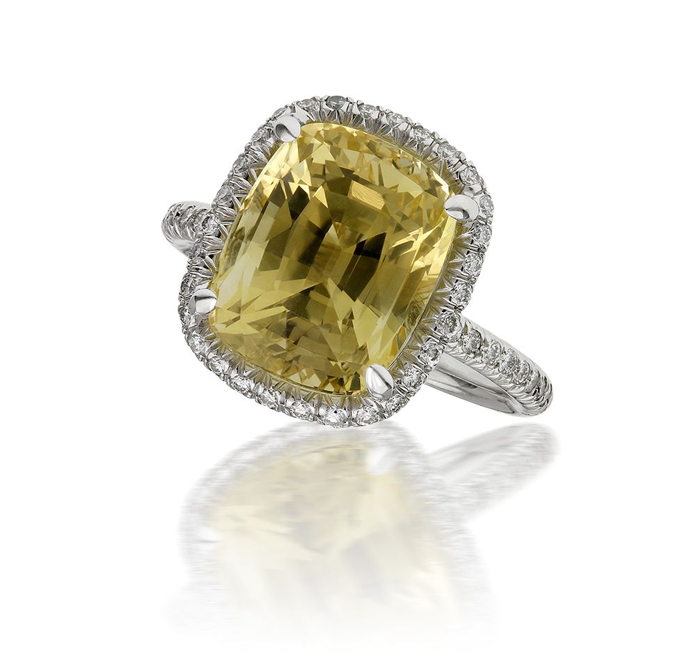 Cushion Cut Yellow Sapphire and Diamond Halo Micropave Ring in Platinum 7.96ct. center